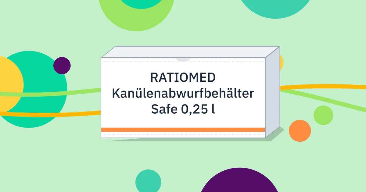 Symbolbild: Packung mit der Aufschrift RATIOMED Kanülenabwurfbehälter Safe 0,25 l (PZN 18197144) – Verfügbarkeit und Bezug in Apotheken in Frankfurt am Main