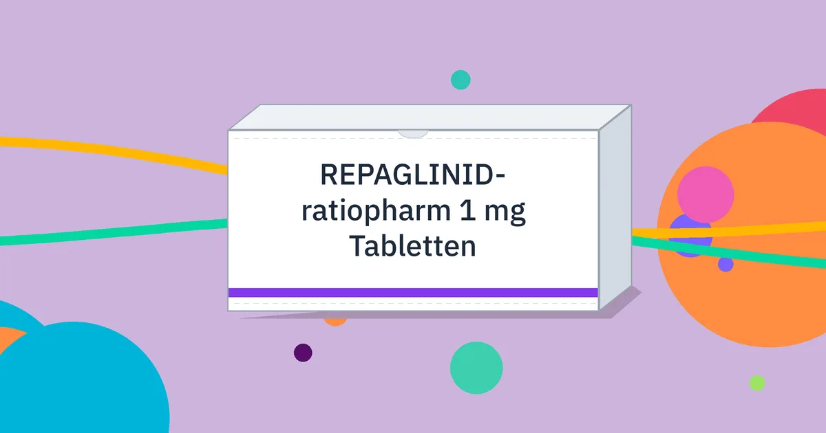 Symbolbild: Packung mit der Aufschrift REPAGLINID-ratiopharm 1 mg Tabletten (PZN 03050458) – Verfügbarkeit und Bezug in Apotheken in Frankfurt am Main
