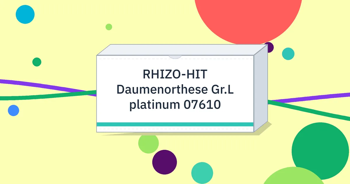 Symbolbild: Packung mit der Aufschrift RHIZO-HIT Daumenorthese Gr.L platinum 07610 (PZN 01651107) – Verfügbarkeit und Bezug in Apotheken in Frankfurt am Main