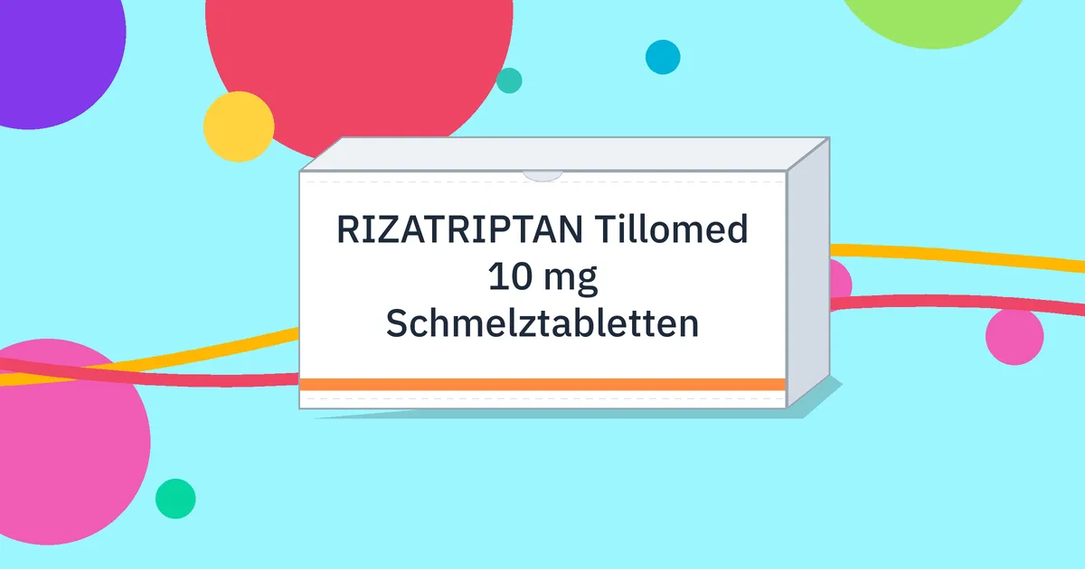Symbolbild: Packung mit der Aufschrift RIZATRIPTAN Tillomed 10 mg Schmelztabletten (PZN 14340811) – Verfügbarkeit und Bezug in Apotheken in Frankfurt am Main