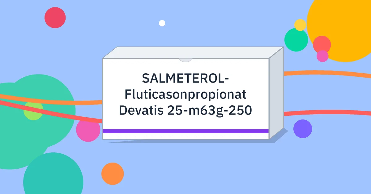 Symbolbild: Packung mit der Aufschrift SALMETEROL-Fluticasonpropionat Devatis 25-m63g-250 (PZN 16517082) – Verfügbarkeit und Bezug in Apotheken in Frankfurt am Main