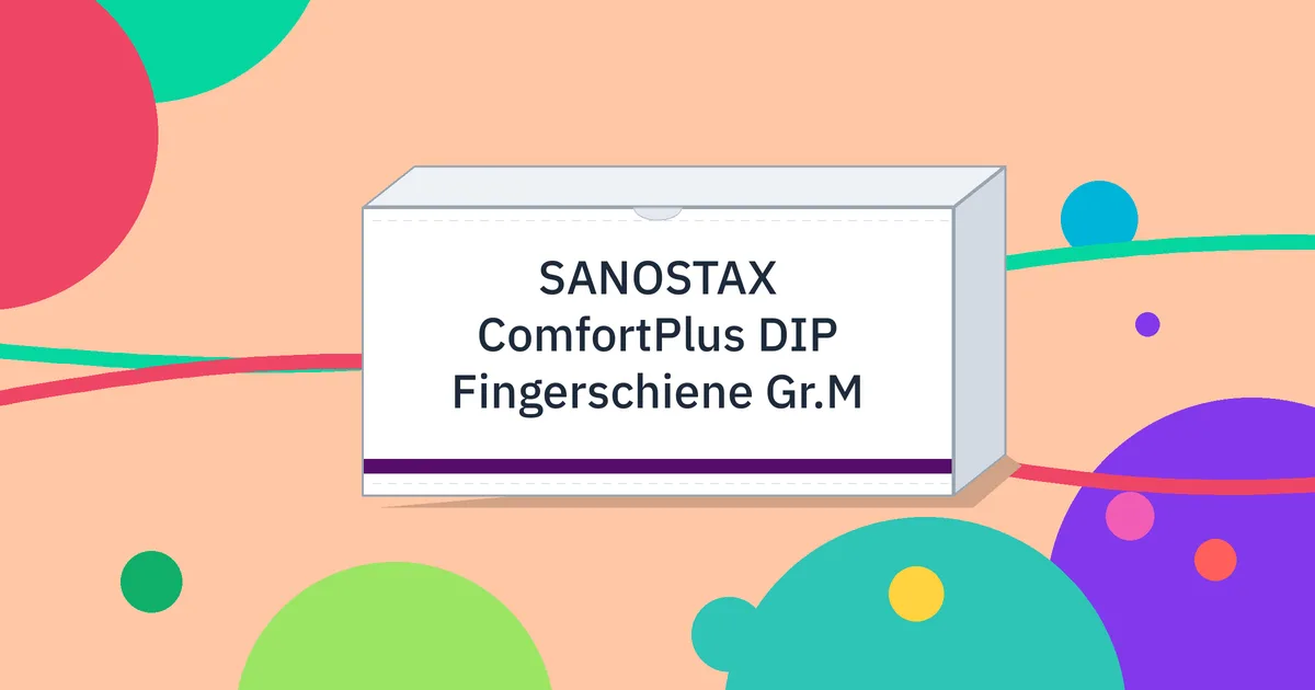 Symbolbild: Packung mit der Aufschrift SANOSTAX ComfortPlus DIP Fingerschiene Gr.M (PZN 13159305) – Verfügbarkeit und Bezug in Apotheken in Frankfurt am Main