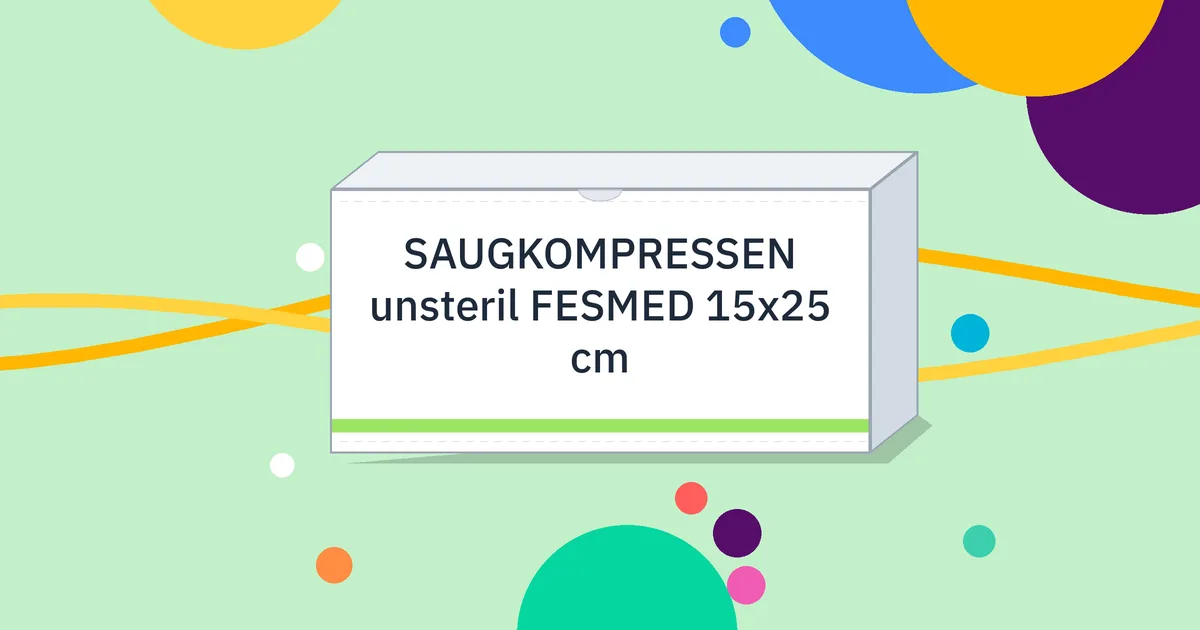 Symbolbild: Packung mit der Aufschrift SAUGKOMPRESSEN unsteril FESMED 15x25 cm (PZN 19231156) – Verfügbarkeit und Bezug in Apotheken in Frankfurt am Main