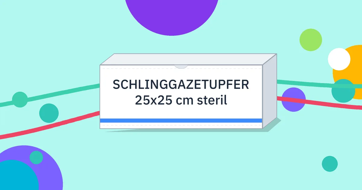 Symbolbild: Packung mit der Aufschrift SCHLINGGAZETUPFER 25x25 cm steril (PZN 11859978) – Verfügbarkeit und Bezug in Apotheken in Frankfurt am Main