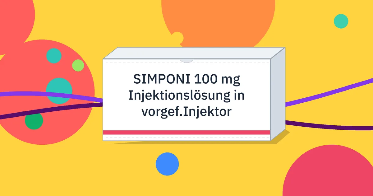 Symbolbild: Packung mit der Aufschrift SIMPONI 100 mg Injektionslösung in vorgef.Injektor (PZN 01786534) – Verfügbarkeit und Bezug in Apotheken in Frankfurt am Main