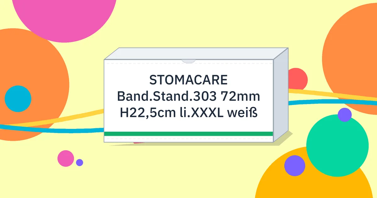 Symbolbild: Packung mit der Aufschrift STOMACARE Band.Stand.303 72mm H22,5cm li.XXXL weiß (PZN 01053493) – Verfügbarkeit und Bezug in Apotheken in Frankfurt am Main
