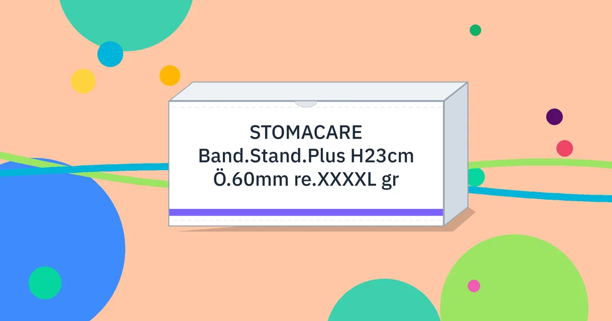 Symbolbild: Packung mit der Aufschrift STOMACARE Band.Stand.Plus H23cm Ö.60mm re.XXXXL gr (PZN 16750938) – Verfügbarkeit und Bezug in Apotheken in Frankfurt am Main