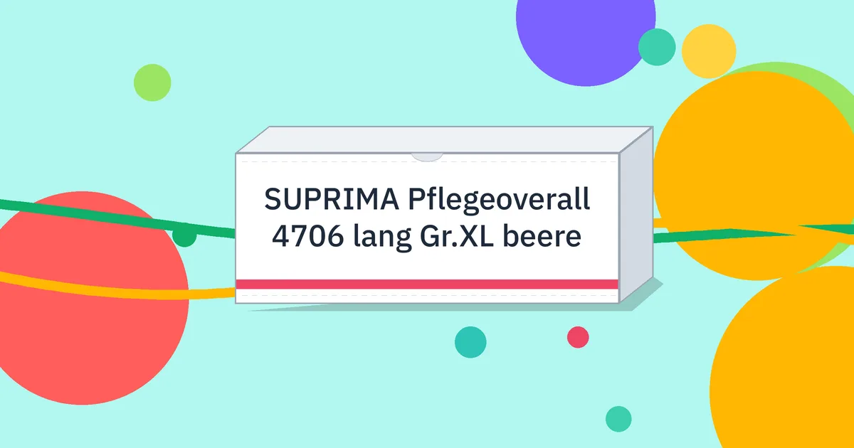 Symbolbild: Packung mit der Aufschrift SUPRIMA Pflegeoverall 4706 lang Gr.XL beere (PZN 07331740) – Verfügbarkeit und Bezug in Apotheken in Frankfurt am Main