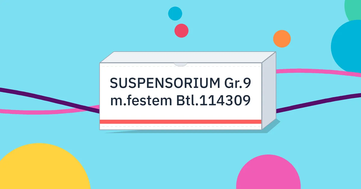 Symbolbild: Packung mit der Aufschrift SUSPENSORIUM Gr.9 m.festem Btl.114309 (PZN 04608885) – Verfügbarkeit und Bezug in Apotheken in Frankfurt am Main
