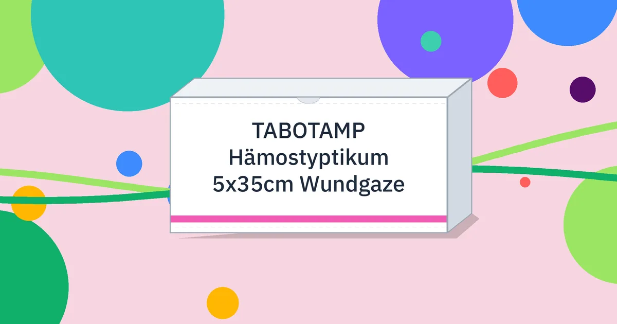 Symbolbild: Packung mit der Aufschrift TABOTAMP Hämostyptikum 5x35cm Wundgaze (PZN 04131093) – Verfügbarkeit und Bezug in Apotheken in Frankfurt am Main