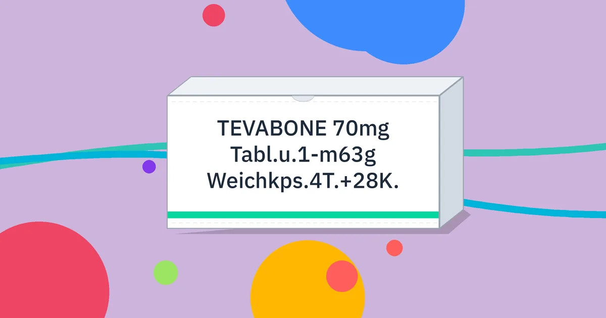 Symbolbild: Packung mit der Aufschrift TEVABONE 70mg Tabl.u.1-m63g Weichkps.4T.+28K. (PZN 00766127) – Verfügbarkeit und Bezug in Apotheken in Frankfurt am Main