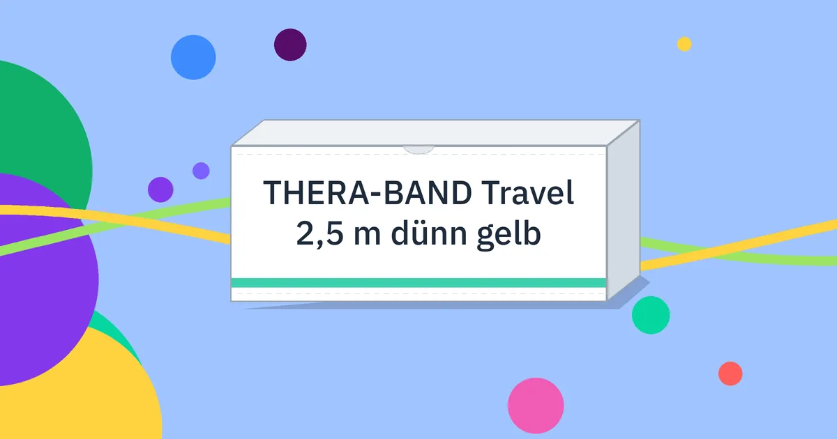 Symbolbild: Packung mit der Aufschrift THERA-BAND Travel 2,5 m dünn gelb (PZN 03686452) – Verfügbarkeit und Bezug in Apotheken in Frankfurt am Main