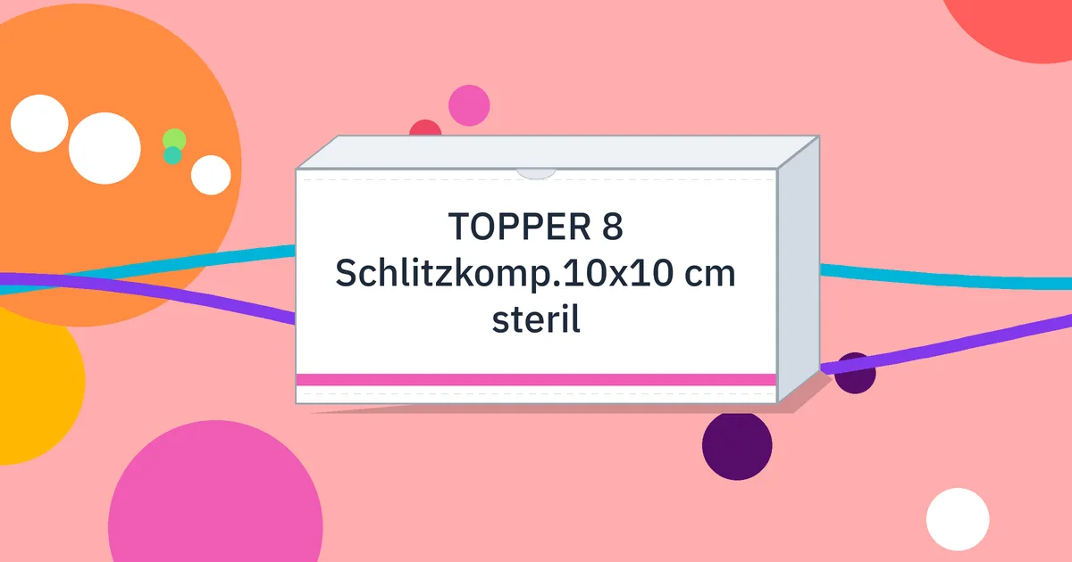 Symbolbild: Packung mit der Aufschrift TOPPER 8 Schlitzkomp.10x10 cm steril (PZN 01341803) – Verfügbarkeit und Bezug in Apotheken in Frankfurt am Main