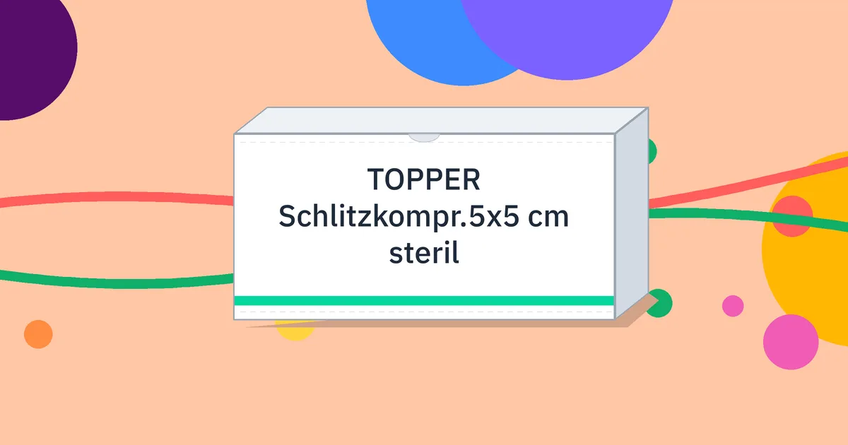 Symbolbild: Packung mit der Aufschrift TOPPER Schlitzkompr.5x5 cm steril (PZN 04784375) – Verfügbarkeit und Bezug in Apotheken in Frankfurt am Main