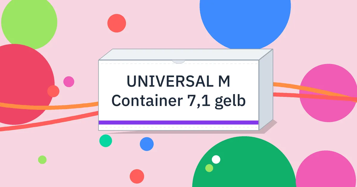 Symbolbild: Packung mit der Aufschrift UNIVERSAL M Container 7,1 gelb (PZN 07597596) – Verfügbarkeit und Bezug in Apotheken in Frankfurt am Main