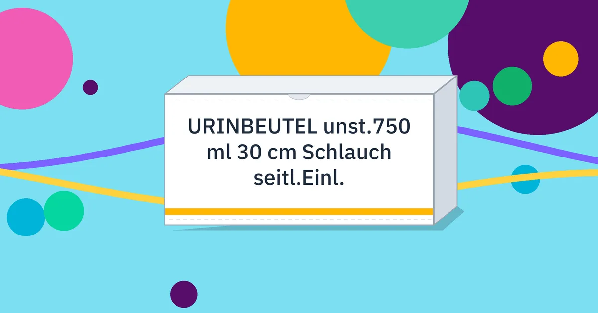 Symbolbild: Packung mit der Aufschrift URINBEUTEL unst.750 ml 30 cm Schlauch seitl.Einl. (PZN 16837757) – Verfügbarkeit und Bezug in Apotheken in Frankfurt am Main
