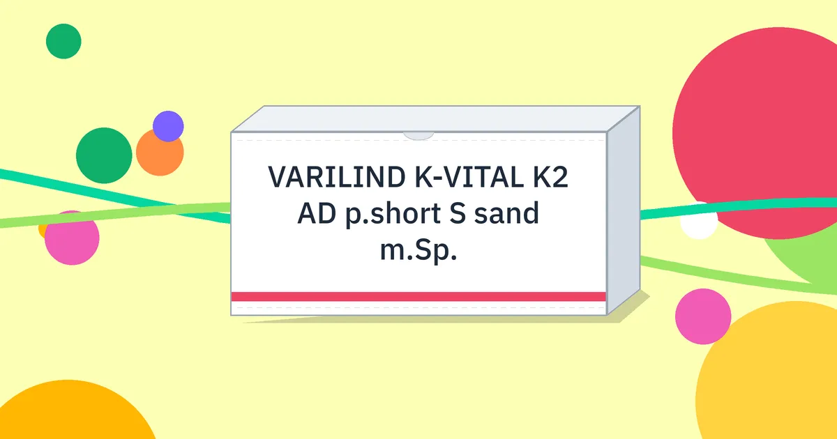 Symbolbild: Packung mit der Aufschrift VARILIND K-VITAL K2 AD p.short S sand m.Sp. (PZN 20567430) – Verfügbarkeit und Bezug in Apotheken in Frankfurt am Main