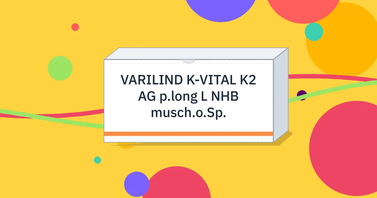 Symbolbild: Packung mit der Aufschrift VARILIND K-VITAL K2 AG p.long L NHB musch.o.Sp. (PZN 20565750) – Verfügbarkeit und Bezug in Apotheken in Frankfurt am Main