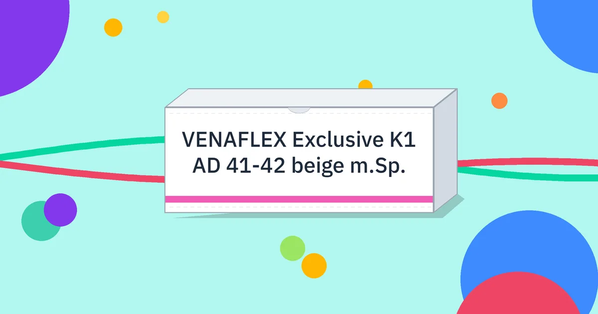 Symbolbild: Packung mit der Aufschrift VENAFLEX Exclusive K1 AD 41-42 beige m.Sp. (PZN 18309235) – Verfügbarkeit und Bezug in Apotheken in Frankfurt am Main