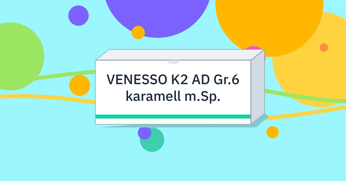 Symbolbild: Packung mit der Aufschrift VENESSO K2 AD Gr.6 karamell m.Sp. (PZN 13758098) – Verfügbarkeit und Bezug in Apotheken in Frankfurt am Main
