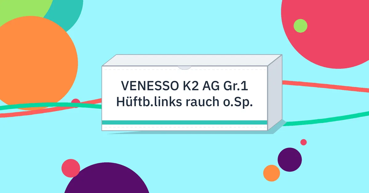 Symbolbild: Packung mit der Aufschrift VENESSO K2 AG Gr.1 Hüftb.links rauch o.Sp. (PZN 03268772) – Verfügbarkeit und Bezug in Apotheken in Frankfurt am Main