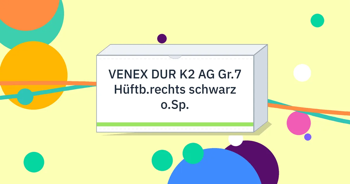 Symbolbild: Packung mit der Aufschrift VENEX DUR K2 AG Gr.7 Hüftb.rechts schwarz o.Sp. (PZN 03233118) – Verfügbarkeit und Bezug in Apotheken in Frankfurt am Main