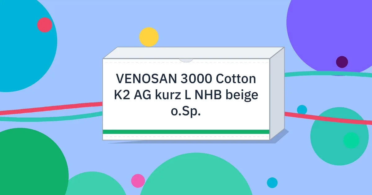 Symbolbild: Packung mit der Aufschrift VENOSAN 3000 Cotton K2 AG kurz L NHB beige o.Sp. (PZN 14421573) – Verfügbarkeit und Bezug in Apotheken in Frankfurt am Main