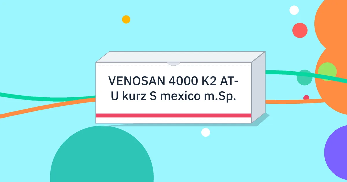 Symbolbild: Packung mit der Aufschrift VENOSAN 4000 K2 AT-U kurz S mexico m.Sp. (PZN 14424347) – Verfügbarkeit und Bezug in Apotheken in Frankfurt am Main