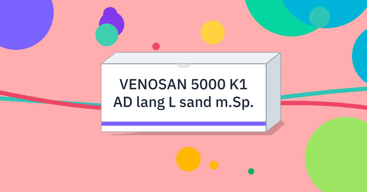 Symbolbild: Packung mit der Aufschrift VENOSAN 5000 K1 AD lang L sand m.Sp. (PZN 14428061) – Verfügbarkeit und Bezug in Apotheken in Frankfurt am Main