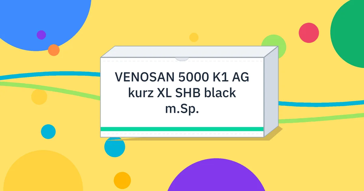 Symbolbild: Packung mit der Aufschrift VENOSAN 5000 K1 AG kurz XL SHB black m.Sp. (PZN 14432973) – Verfügbarkeit und Bezug in Apotheken in Frankfurt am Main