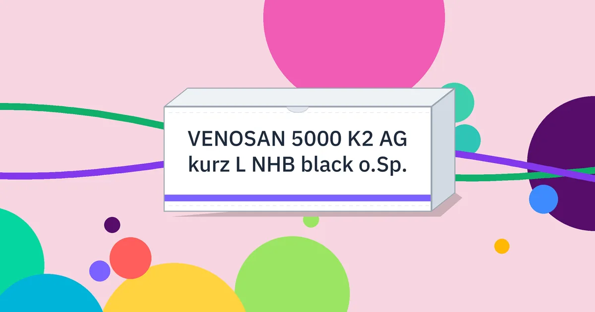 Symbolbild: Packung mit der Aufschrift VENOSAN 5000 K2 AG kurz L NHB black o.Sp. (PZN 14433777) – Verfügbarkeit und Bezug in Apotheken in Frankfurt am Main