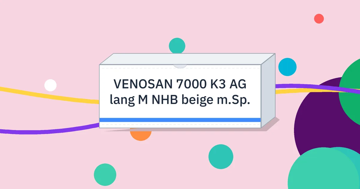 Symbolbild: Packung mit der Aufschrift VENOSAN 7000 K3 AG lang M NHB beige m.Sp. (PZN 14435374) – Verfügbarkeit und Bezug in Apotheken in Frankfurt am Main