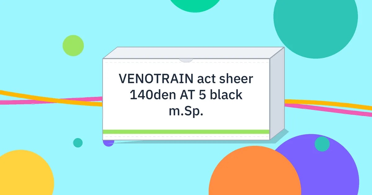 Symbolbild: Packung mit der Aufschrift VENOTRAIN act sheer 140den AT 5 black m.Sp. (PZN 16207312) – Verfügbarkeit und Bezug in Apotheken in Frankfurt am Main
