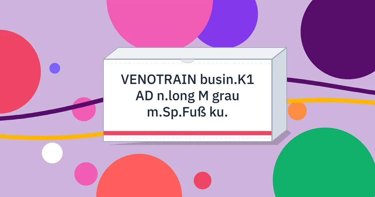 Symbolbild: Packung mit der Aufschrift VENOTRAIN busin.K1 AD n.long M grau m.Sp.Fuß ku. (PZN 19057209) – Verfügbarkeit und Bezug in Apotheken in Frankfurt am Main