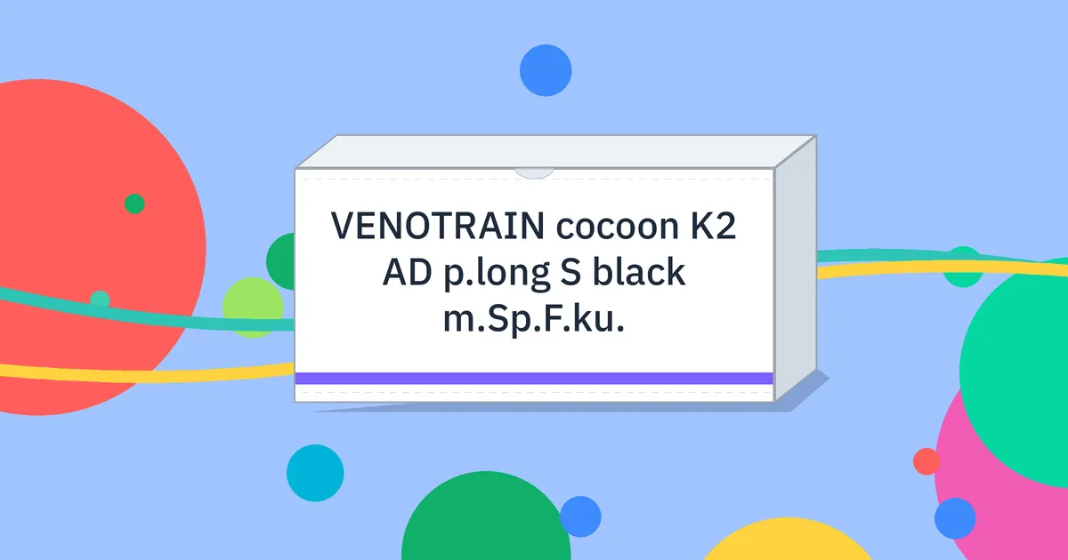 Symbolbild: Packung mit der Aufschrift VENOTRAIN cocoon K2 AD p.long S black m.Sp.F.ku. (PZN 14401808) – Verfügbarkeit und Bezug in Apotheken in Frankfurt am Main