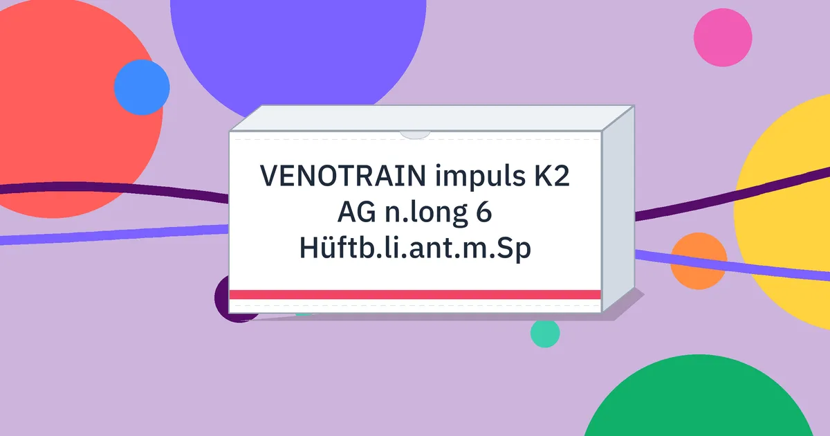 Symbolbild: Packung mit der Aufschrift VENOTRAIN impuls K2 AG n.long 6 Hüftb.li.ant.m.Sp (PZN 15219431) – Verfügbarkeit und Bezug in Apotheken in Frankfurt am Main