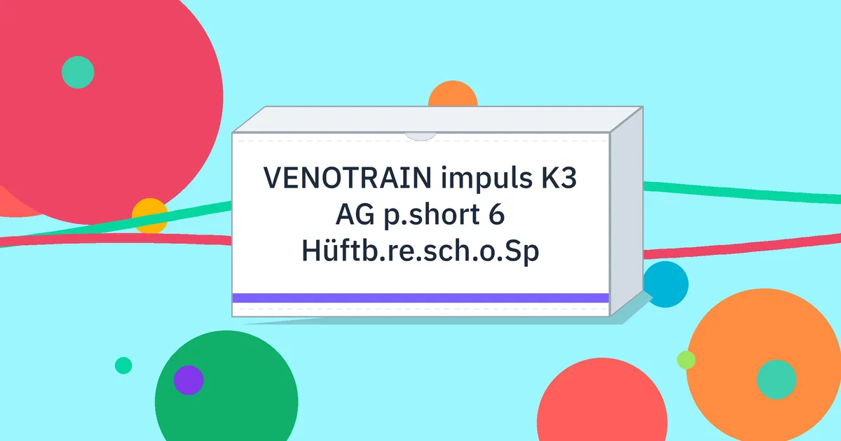 Symbolbild: Packung mit der Aufschrift VENOTRAIN impuls K3 AG p.short 6 Hüftb.re.sch.o.Sp (PZN 10294273) – Verfügbarkeit und Bezug in Apotheken in Frankfurt am Main