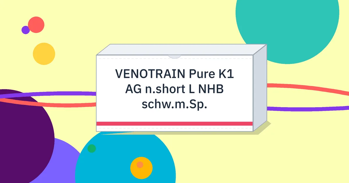 Symbolbild: Packung mit der Aufschrift VENOTRAIN Pure K1 AG n.short L NHB schw.m.Sp. (PZN 18147494) – Verfügbarkeit und Bezug in Apotheken in Frankfurt am Main