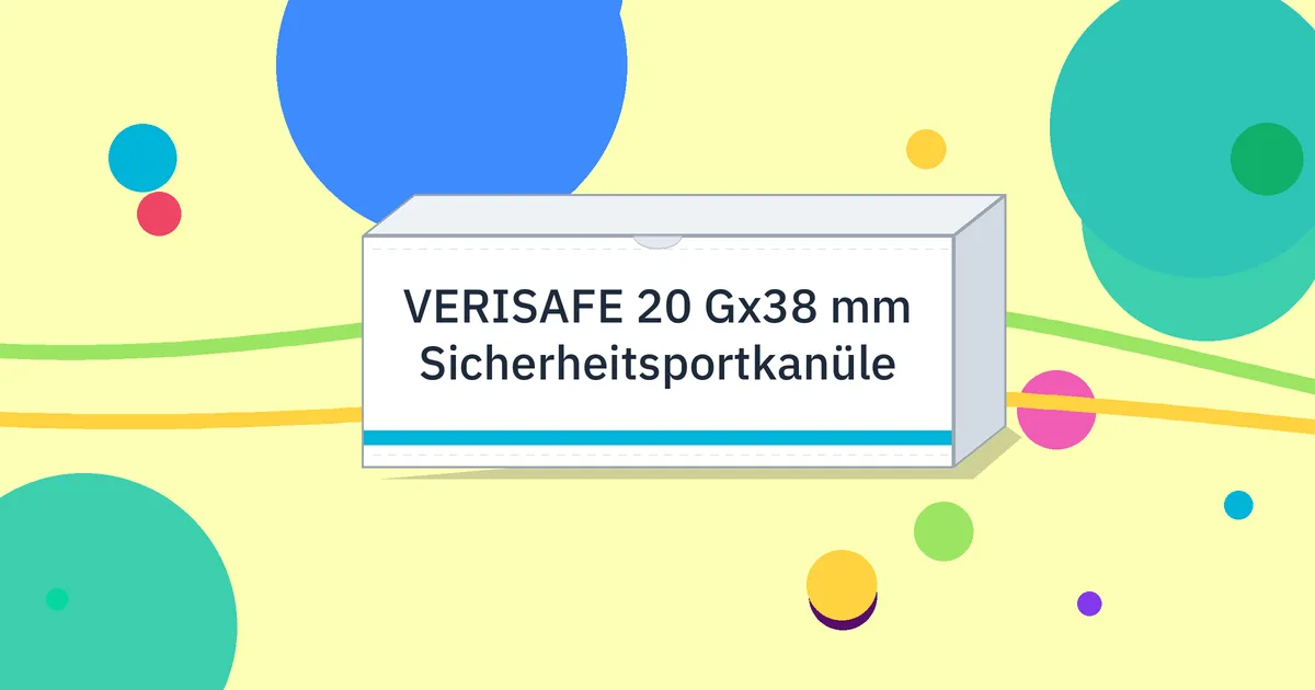 Symbolbild: Packung mit der Aufschrift VERISAFE 20 Gx38 mm Sicherheitsportkanüle (PZN 19174010) – Verfügbarkeit und Bezug in Apotheken in Frankfurt am Main