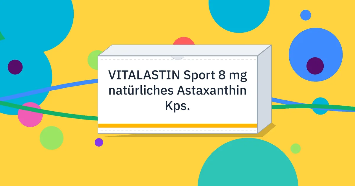 Symbolbild: Packung mit der Aufschrift VITALASTIN Sport 8 mg natürliches Astaxanthin Kps. (PZN 16398536) – Verfügbarkeit und Bezug in Apotheken in Frankfurt am Main