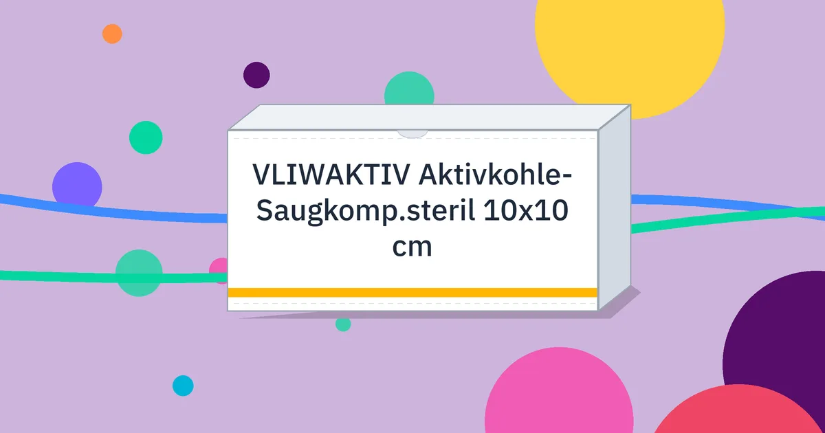 Symbolbild: Packung mit der Aufschrift VLIWAKTIV Aktivkohle-Saugkomp.steril 10x10 cm (PZN 19144486) – Verfügbarkeit und Bezug in Apotheken in Frankfurt am Main