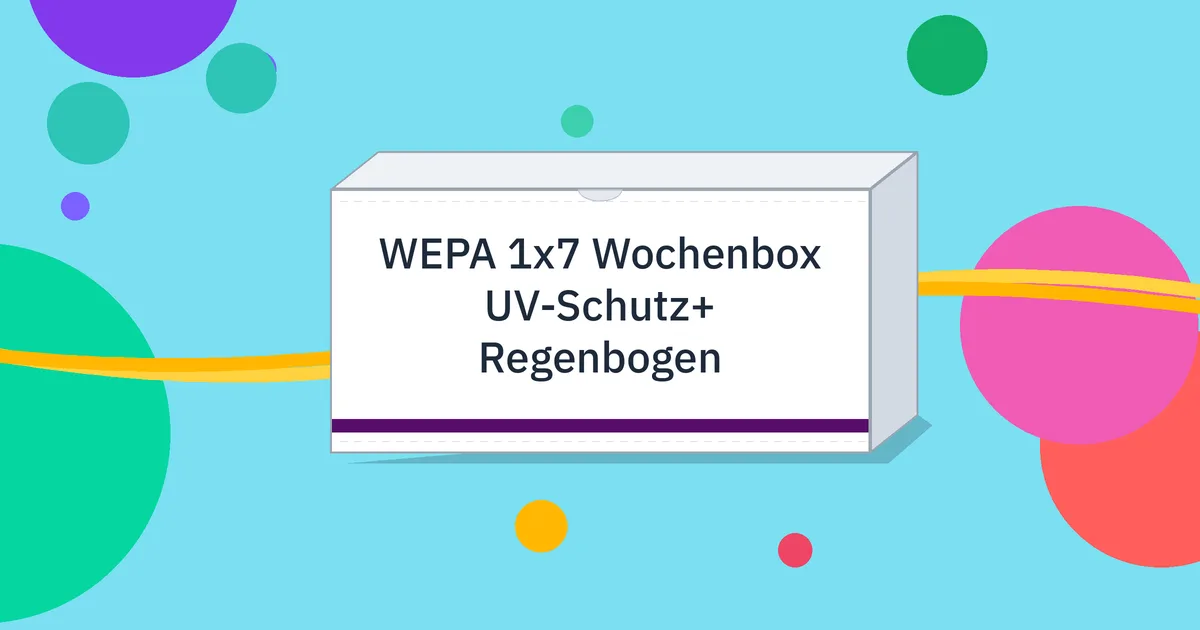Symbolbild: Packung mit der Aufschrift WEPA 1x7 Wochenbox UV-Schutz+ Regenbogen (PZN 18877850) – Verfügbarkeit und Bezug in Apotheken in Frankfurt am Main