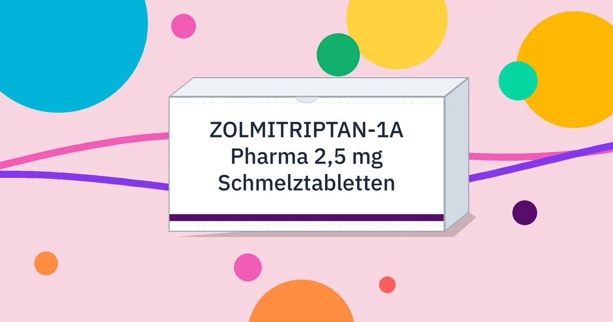 Symbolbild: Packung mit der Aufschrift ZOLMITRIPTAN-1A Pharma 2,5 mg Schmelztabletten (PZN 09427438) – Verfügbarkeit und Bezug in Apotheken in Frankfurt am Main