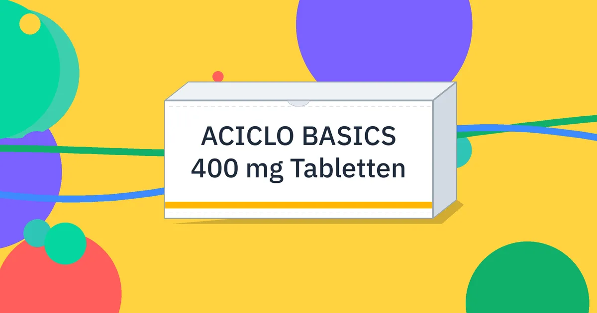 Symbolbild: Packung mit der Aufschrift ACICLO BASICS 400 mg Tabletten (PZN 02758327) – Verfügbarkeit und Bezug in Apotheken in Frankfurt am Main