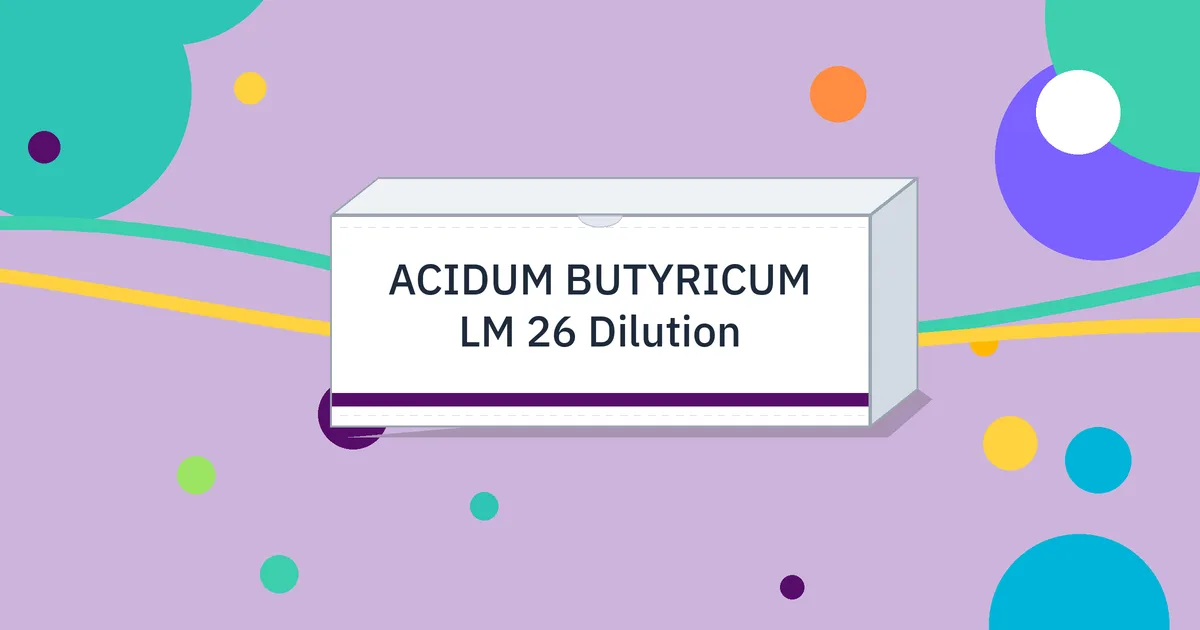 Symbolbild: Packung mit der Aufschrift ACIDUM BUTYRICUM LM 26 Dilution (PZN 13270994) – Verfügbarkeit und Bezug in Apotheken in Frankfurt am Main
