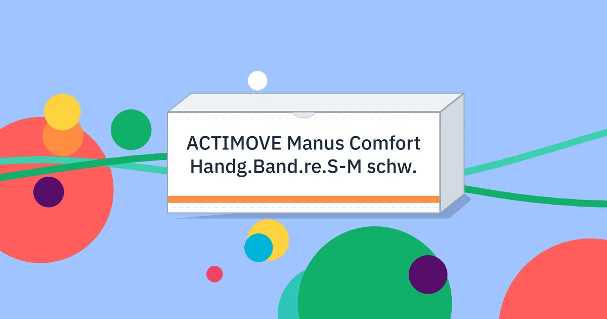 Symbolbild: Packung mit der Aufschrift ACTIMOVE Manus Comfort Handg.Band.re.S-M schw. (PZN 18001997) – Verfügbarkeit und Bezug in Apotheken in Frankfurt am Main