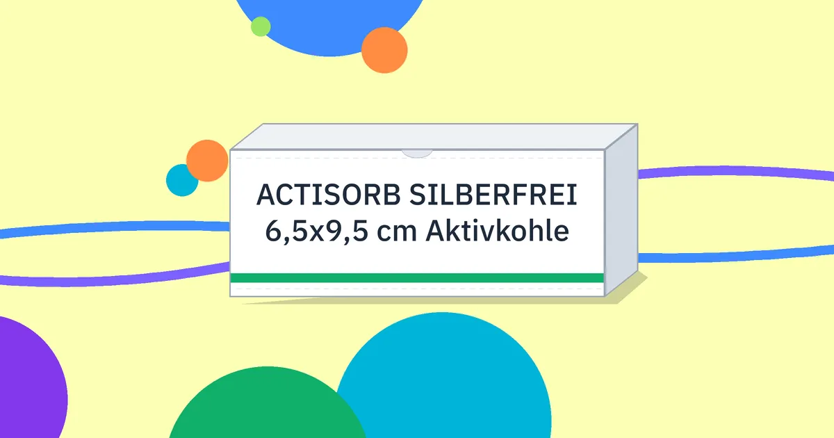 Symbolbild: Packung mit der Aufschrift ACTISORB SILBERFREI 6,5x9,5 cm Aktivkohle (PZN 11846102) – Verfügbarkeit und Bezug in Apotheken in Frankfurt am Main