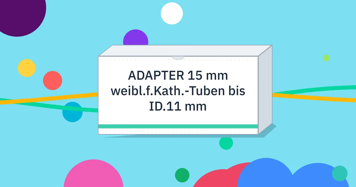 Symbolbild: Packung mit der Aufschrift ADAPTER 15 mm weibl.f.Kath.-Tuben bis ID.11 mm (PZN 07587267) – Verfügbarkeit und Bezug in Apotheken in Frankfurt am Main