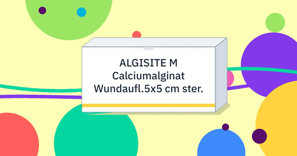 Symbolbild: Packung mit der Aufschrift ALGISITE M Calciumalginat Wundaufl.5x5 cm ster. (PZN 08798664) – Verfügbarkeit und Bezug in Apotheken in Frankfurt am Main