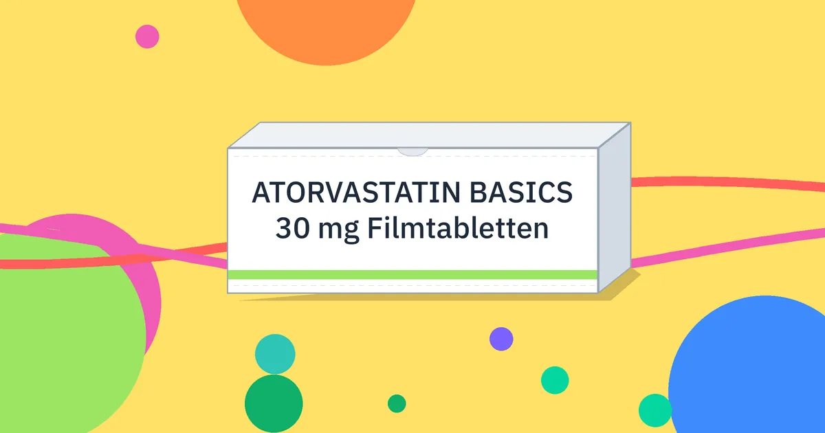 Symbolbild: Packung mit der Aufschrift ATORVASTATIN BASICS 30 mg Filmtabletten (PZN 11083928) – Verfügbarkeit und Bezug in Apotheken in Frankfurt am Main